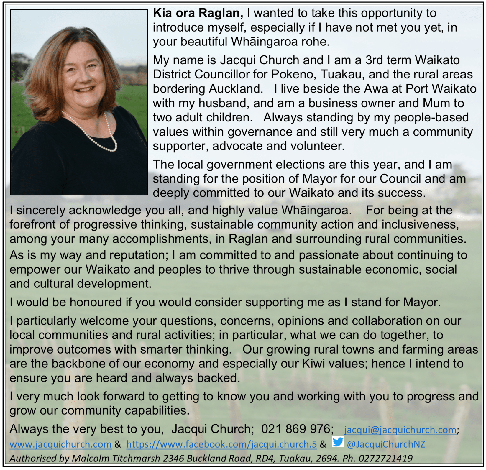 Jacqui Church – candidate for Waikato Mayor – Raglan 23